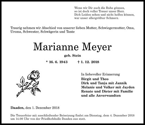 Traueranzeigen Von Marianne Meyer Rz Trauer De