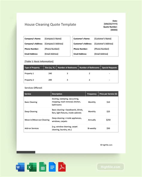 House Cleaning Quote Template Word Excel Pdf Google Docs