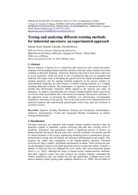 pdf testing and analyzing different training methods for industrial operators an experimental