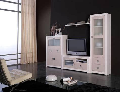 Mueble de salón modular lacado en blanco con piedra en madera Dm 7070
