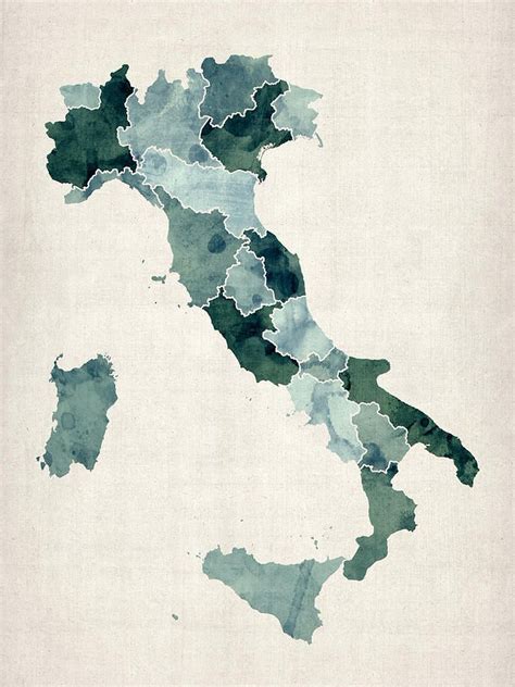 A Watercolor Map Of Italy In Blue And Green