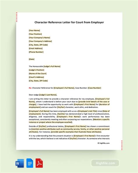 Character Reference Letter For Court From Employer Reference Letter