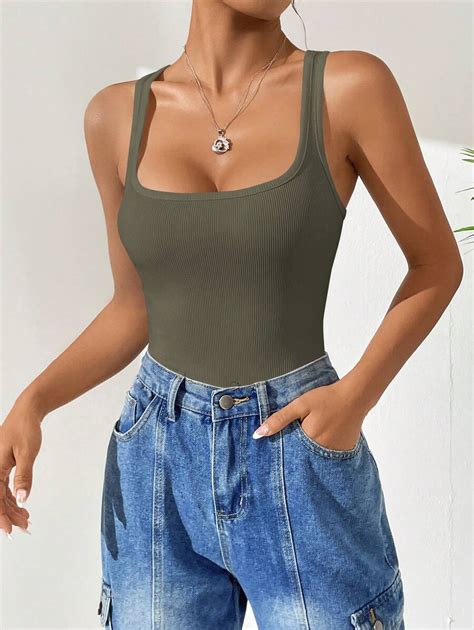 SHEIN EZwear Body Sans Manches Unicolore À Col Carré Mode en ligne