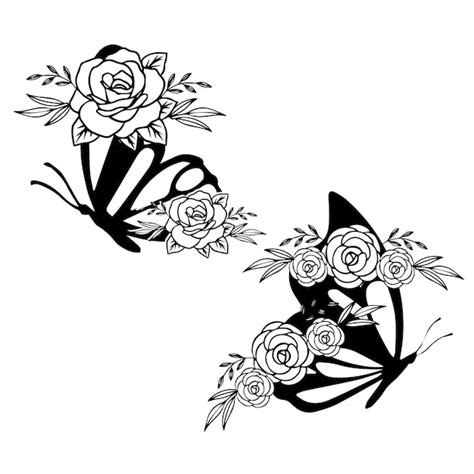 Un Dibujo En Blanco Y Negro De Dos Mariposas Con Rosas Vector Premium
