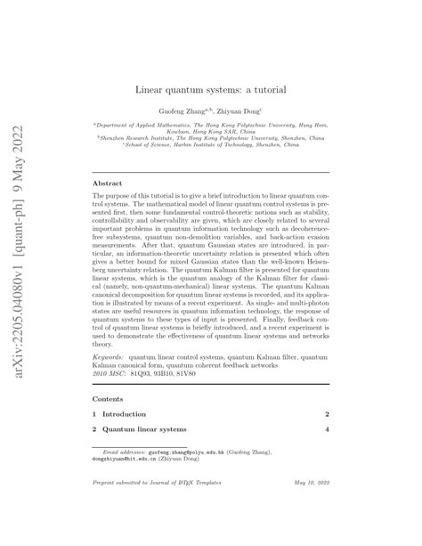 pdf linear quantum systems a tutorial