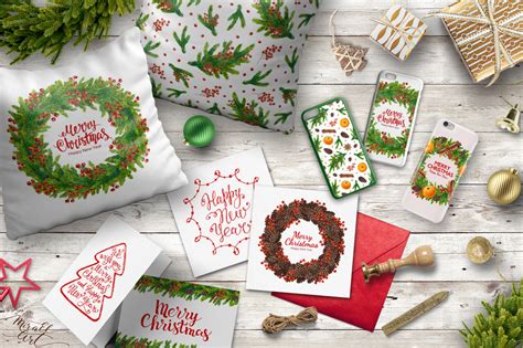 Merry Christmas Watercolor Set On Yellow Images Creative Store 19983