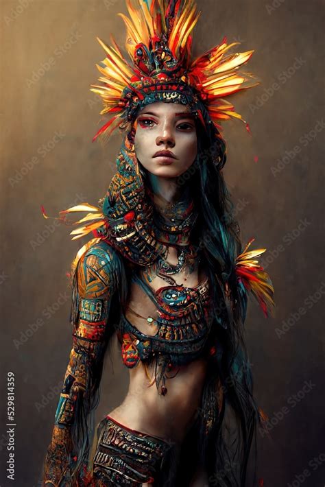 D Illustration Of Aztec Woman Warrior With Crown Of Feathers Stock