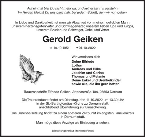 Traueranzeigen Von Gerold Geiken OK Trauer De