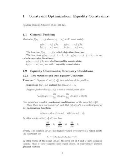 1 constraint optimization equality constraints