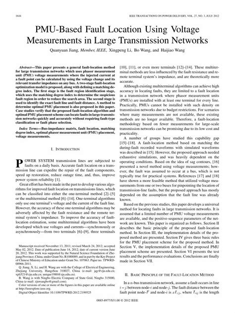 pdf pmu based fault location using voltage measurements in large transmission networks