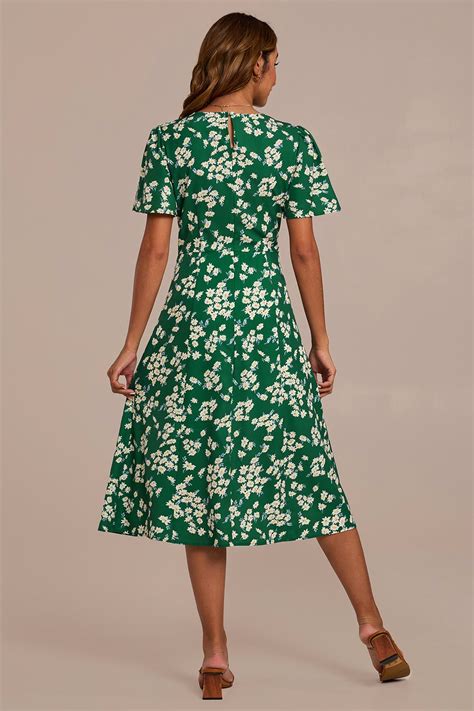 Green Floral Short Sleeve Round Neck Midi Dress Petallush