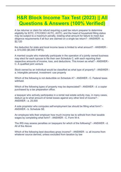 H R Block Income Tax Test 2023 All Questions Answers 100