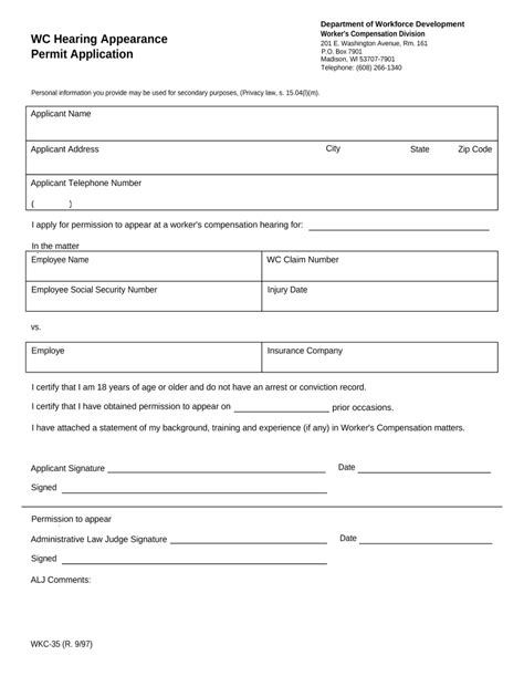 WC Hearing Appearance Permit Application For Workers Compensation