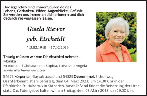 Traueranzeigen Von Gisela Riewer Volksfreund Trauer De
