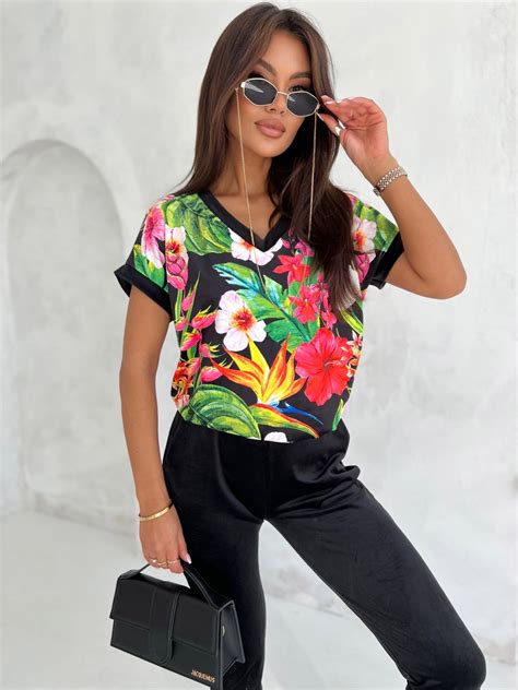 Welurowy Komplet Dresowy V Neck JUNGLE Czarny UBRANIA DRESY