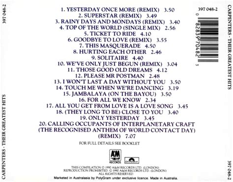 Carátula Trasera de Carpenters Their Greatest Hits Portada