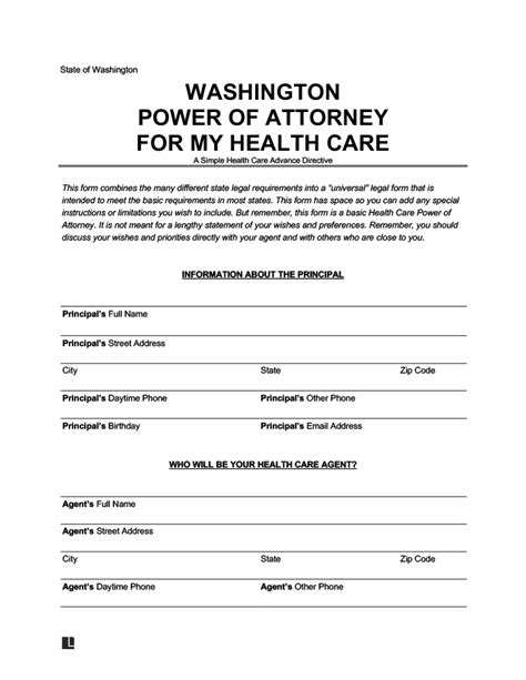 Free Blank Printable Power Of Attorney Form Washington State
