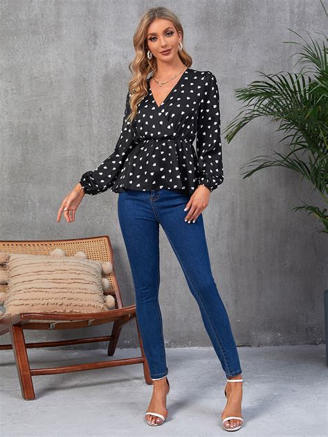 Heart Print Lantern Sleeve Overlap Collar Peplum Hem Blouse SHEIN USA