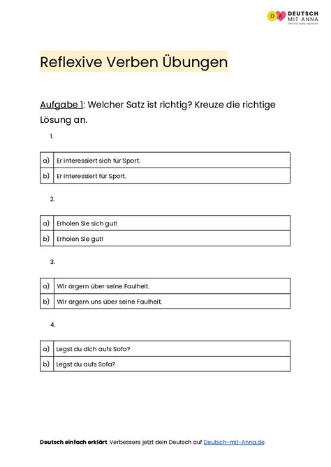 Reflexive Verben Übungen gratis online üben PDF