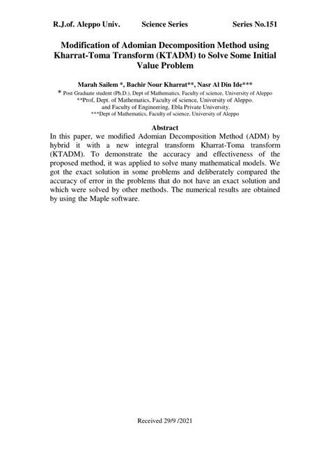 pdf modification of adomian decomposition method using kharrat toma transform ktadm to solve