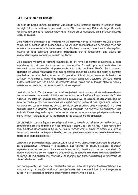 La duda de Santo Tomás Comentario de obra LA DUDA DE SANTO TOMÁS
