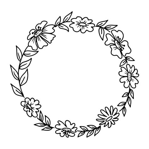 Hand Drawn Floral Wreath Botanical Wreath In Line Style Doodle Vector