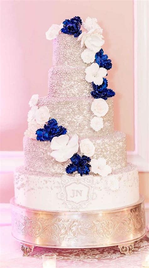 50 Timeless Pearl Wedding Cakes Silver Pearls Dark Blue Peonies