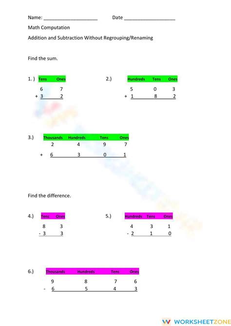 Addition And Subtraction Without Regrouping Worksheet