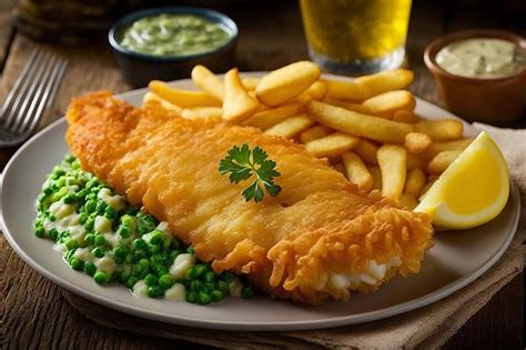 Un Plato De Pescado Y Papas Fritas Con Guisantes Y Una Taza De Cerveza