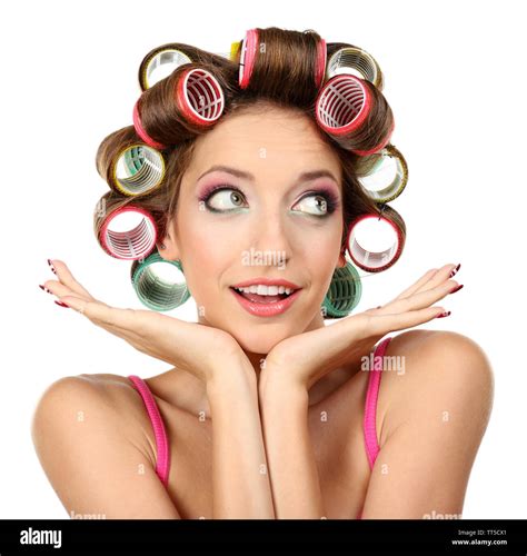Beautiful Girl In Hair Curlers Isolated On White Stock Photo Alamy