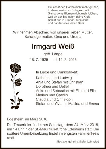 Traueranzeigen von Irmgard Weiß Trauer HNA de