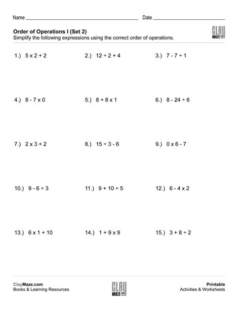 order of operations and evaluating expressions worksheets