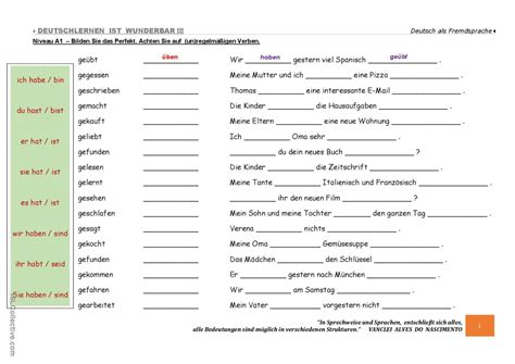 A1 Ergänzen Sie das Perfekt Teil Deutsch DAF Arbeitsblätter pdf doc