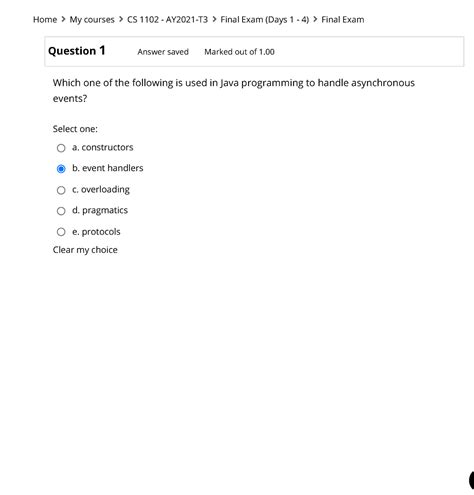 CS 1102 Final Exam Question 1 Answer Saved Marked Out Of 1 Which One