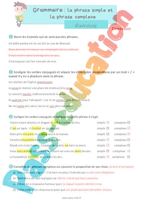 La Phrase Simple Et La Phrase Complexe Exercices De Grammaire Pour Le