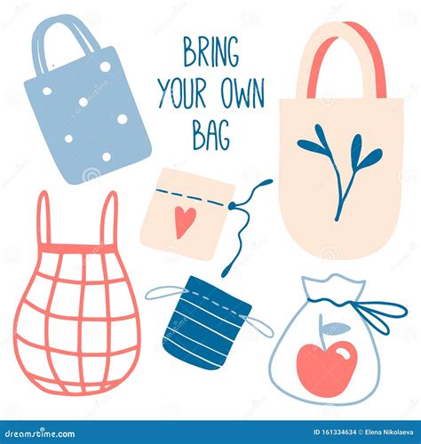 Bring Your Own Bag Slogan Cute Zero Waste Elements Stock Vector