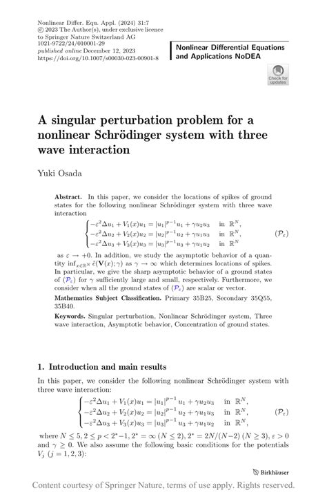 a singular perturbation problem for a nonlinear schrödinger system with three wave interaction
