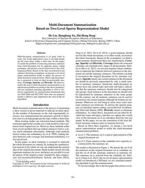 pdf multi document summarization based on two level sparse representation model