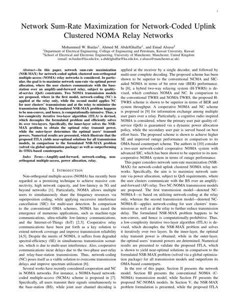 pdf network sum rate maximization for network coded uplink clustered noma relay networks