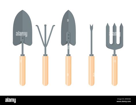 A Set Of Hand Garden Tools Weeder Rake Spades And Fork Isolated On A