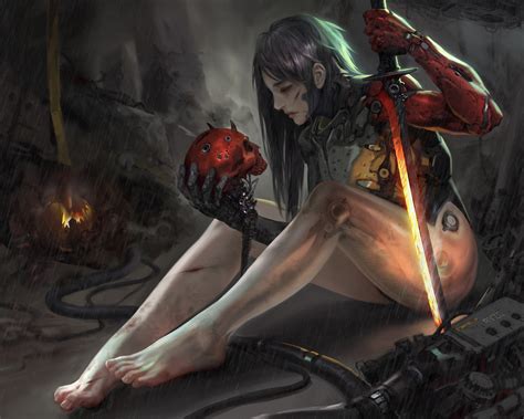 Wallpaper Bei Yan Women Artwork Digital D Cyborg Sword Skull
