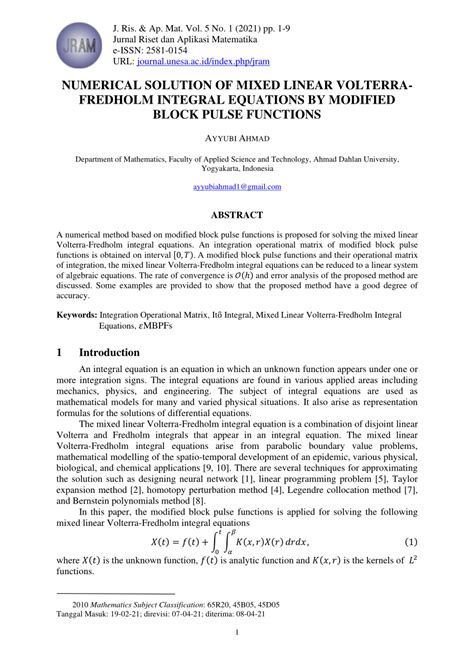 pdf numerical solution of mixed linear volterra fredholm integral equations by modified block