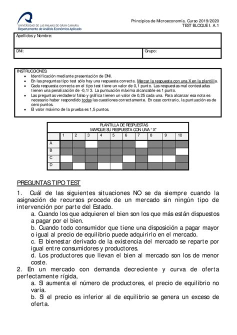 Test 1 Examen tipo test principios de microeconomía Pr inci pios de