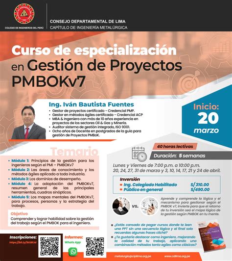 Curso de especialización en Gestión de Proyectos PMBOKv7 Colegio de
