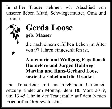 Traueranzeigen Von Gerda Loose Trauer Anzeigen De