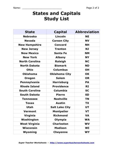 States And Capitals Quiz Printable