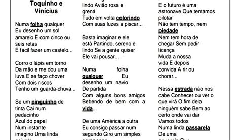 Língua portuguesa Aquarela Toquinho Atividade de língua portuguesa