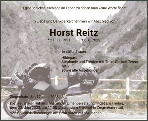 Traueranzeigen Von Horst Reitz Trauer HNA De
