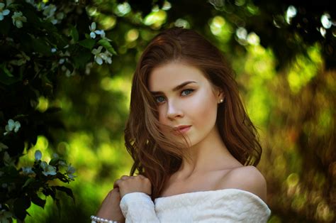 Wallpaper Brunette Long Hair Blue Eyes Portrait Hair In Face Bare Shoulders Pearl