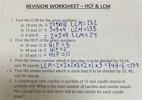 revision worksheet hcf and lcm 1 find the lcm for the given numbers a